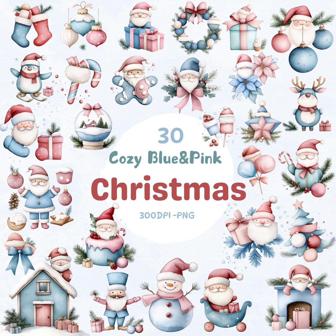 Watercolor Christmas Clipart, Pink & Blue Holiday Graphics (PNG ...