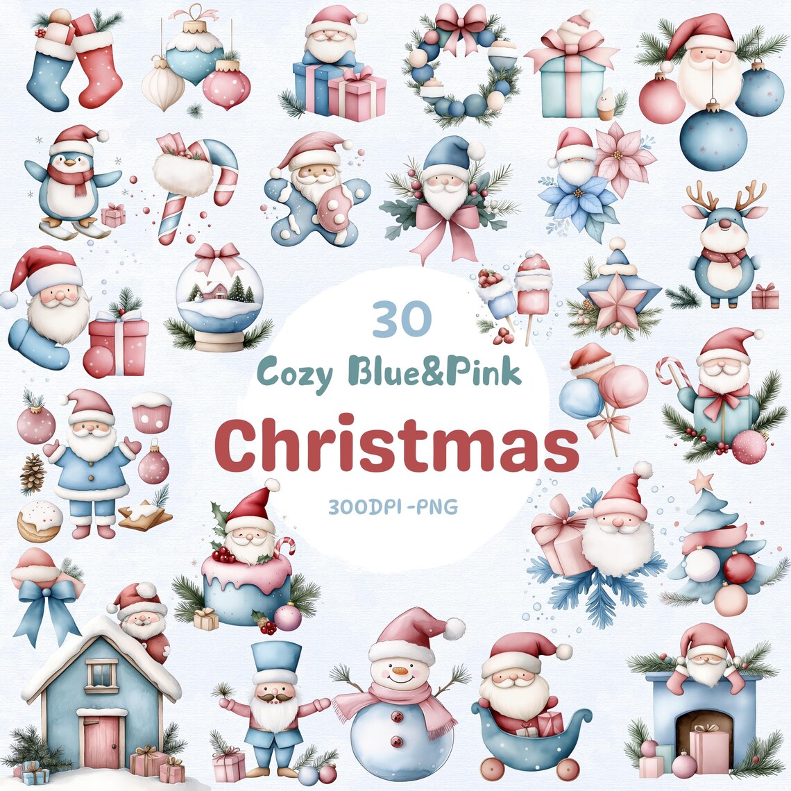 Watercolor Christmas Clipart, Pink & Blue Holiday Graphics (PNG ...