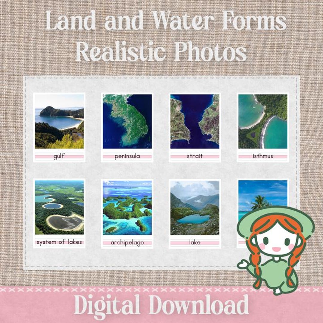 LAND and WATER FORMS - 3 Part Nomenclature Cards - Montessori Geography ...