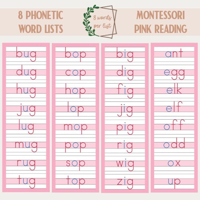 PINK READING CVC Montessori Word Lists Language - Etsy