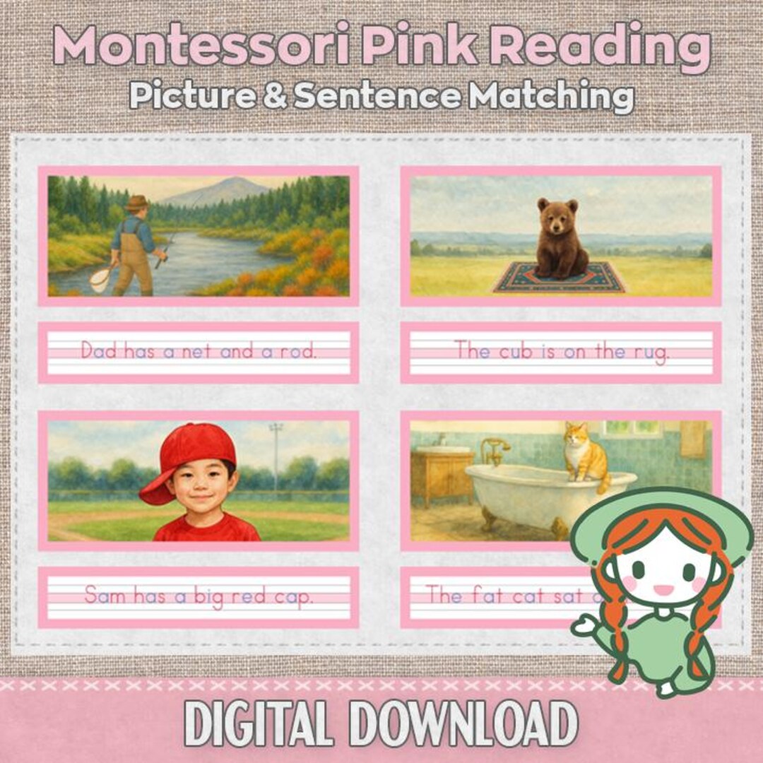 PINK READING CVC Montessori Picture Sentence Matching Cards Language - Etsy