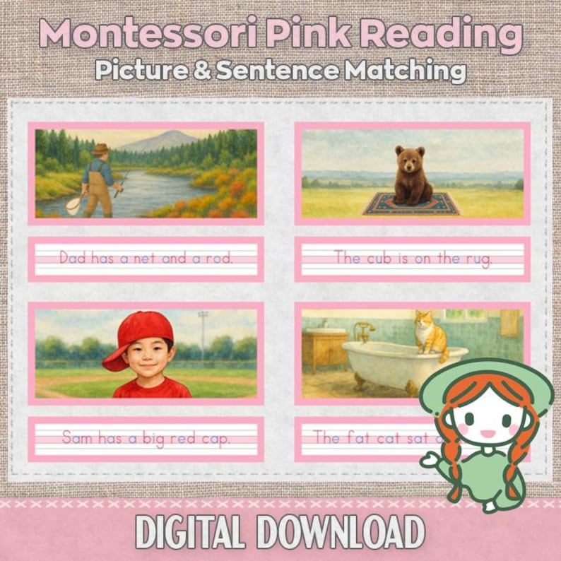 PINK READING CVC Montessori Picture Sentence Matching Cards Language - Etsy