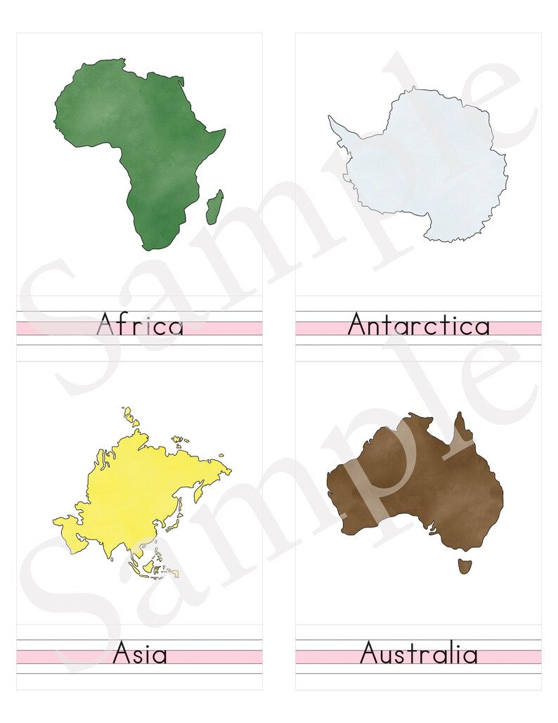 CONTINENTS - 3 Part Nomenclature Cards - Montessori Geography - Etsy