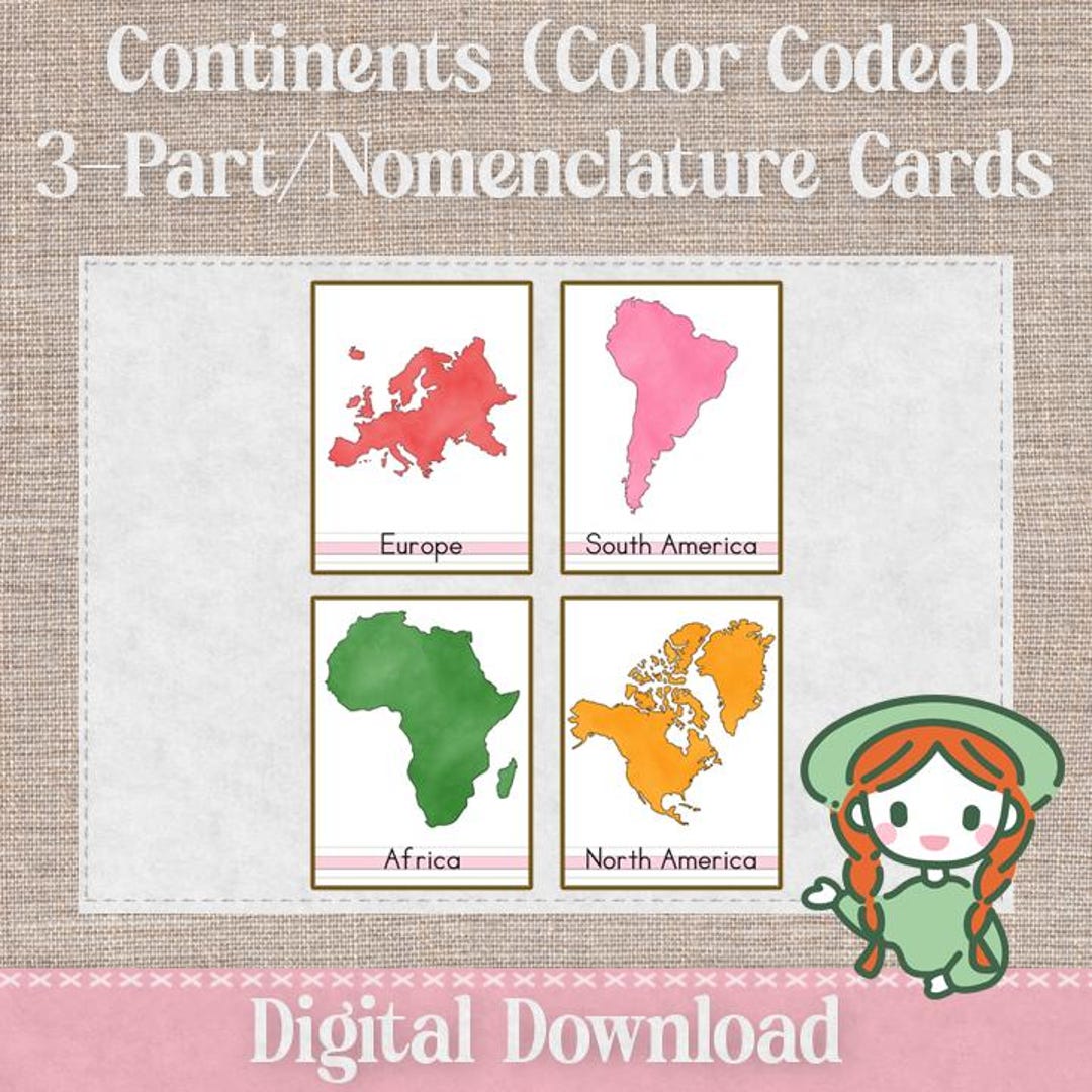 CONTINENTS - 3 Part Nomenclature Cards - Montessori Geography - Etsy