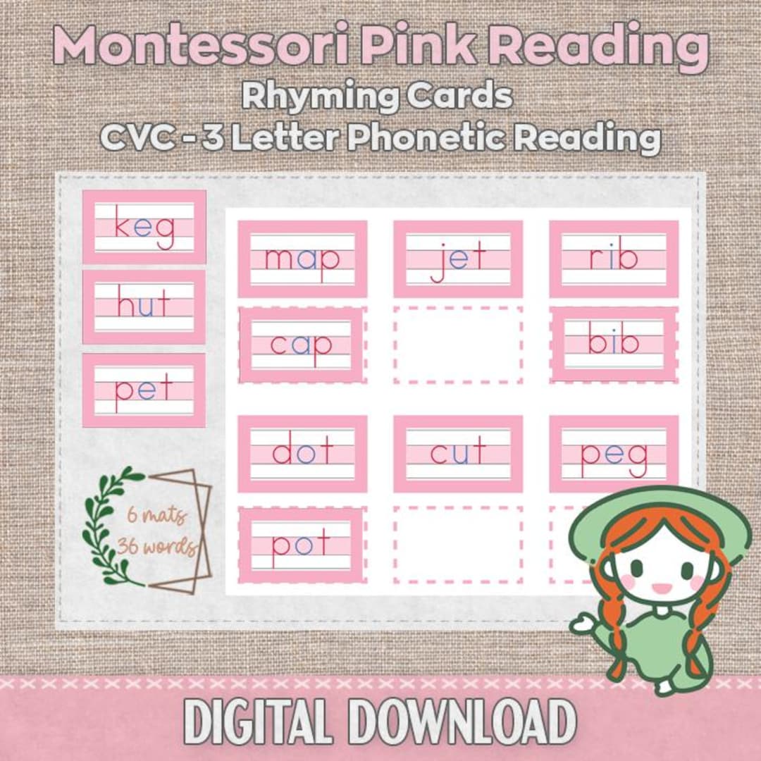 PINK READING CVC Montessori Rhyming Mail Cards Language - Etsy