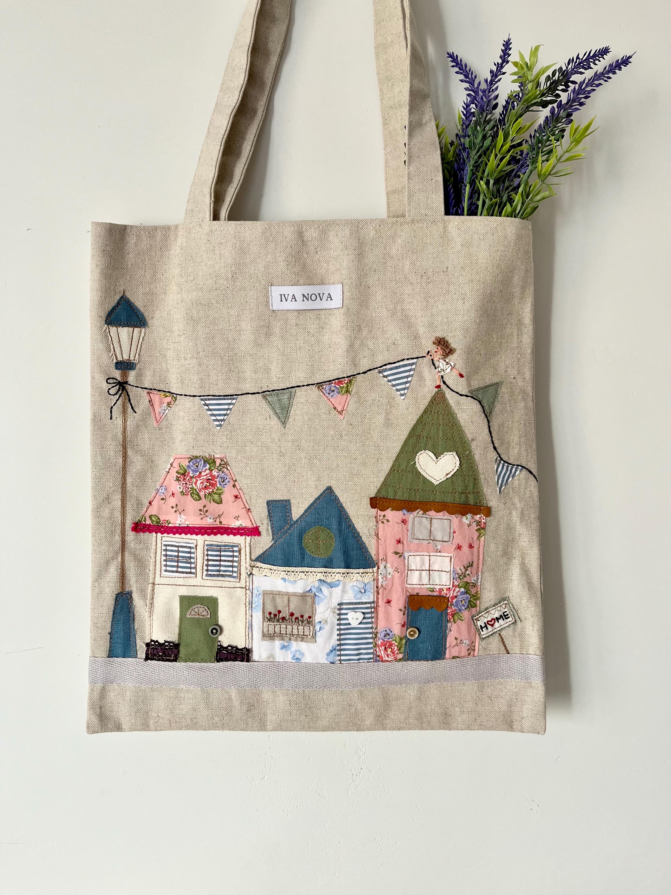 Matilda Tote Bag/charming Houses Applique/handcrafted One of A Kind ...