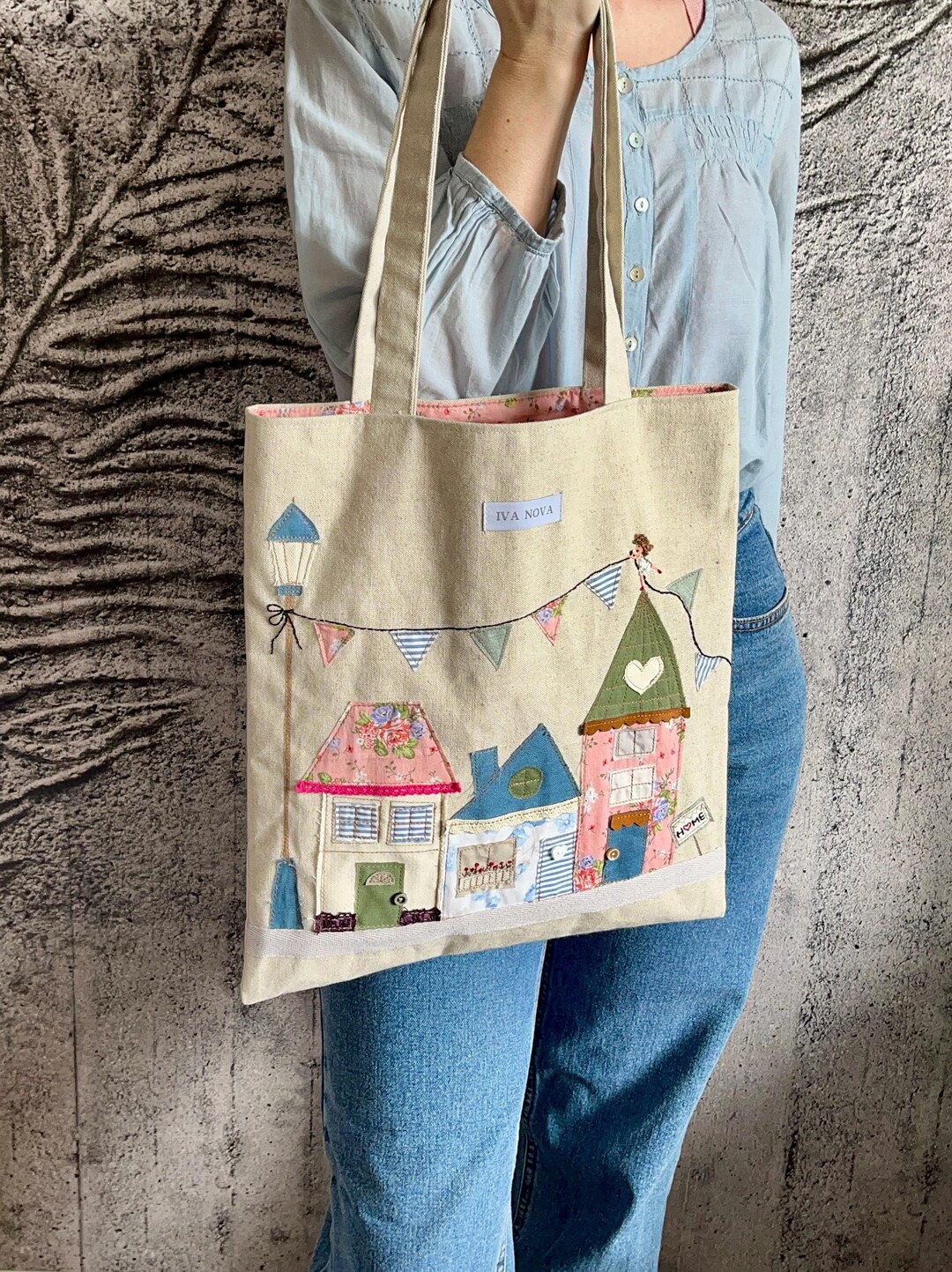 Matilda Tote Bag/charming Houses Applique/handcrafted One of A Kind ...