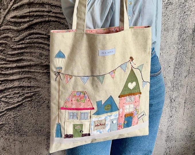 Matilda Tote Bag/charming Houses Applique/handcrafted One of A Kind ...