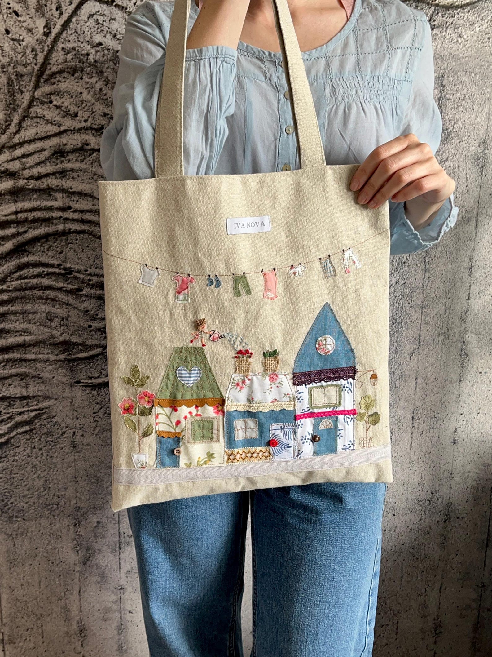 Matilda Tote Bag/ Cotton Appliqued Houses/handcrafted One of A Kind ...