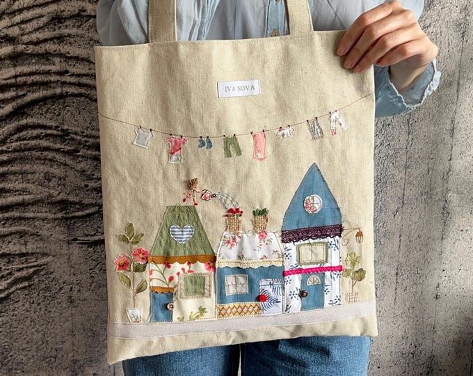 Matilda Tote Bag/ Cotton Appliqued Houses/handcrafted One of A Kind ...