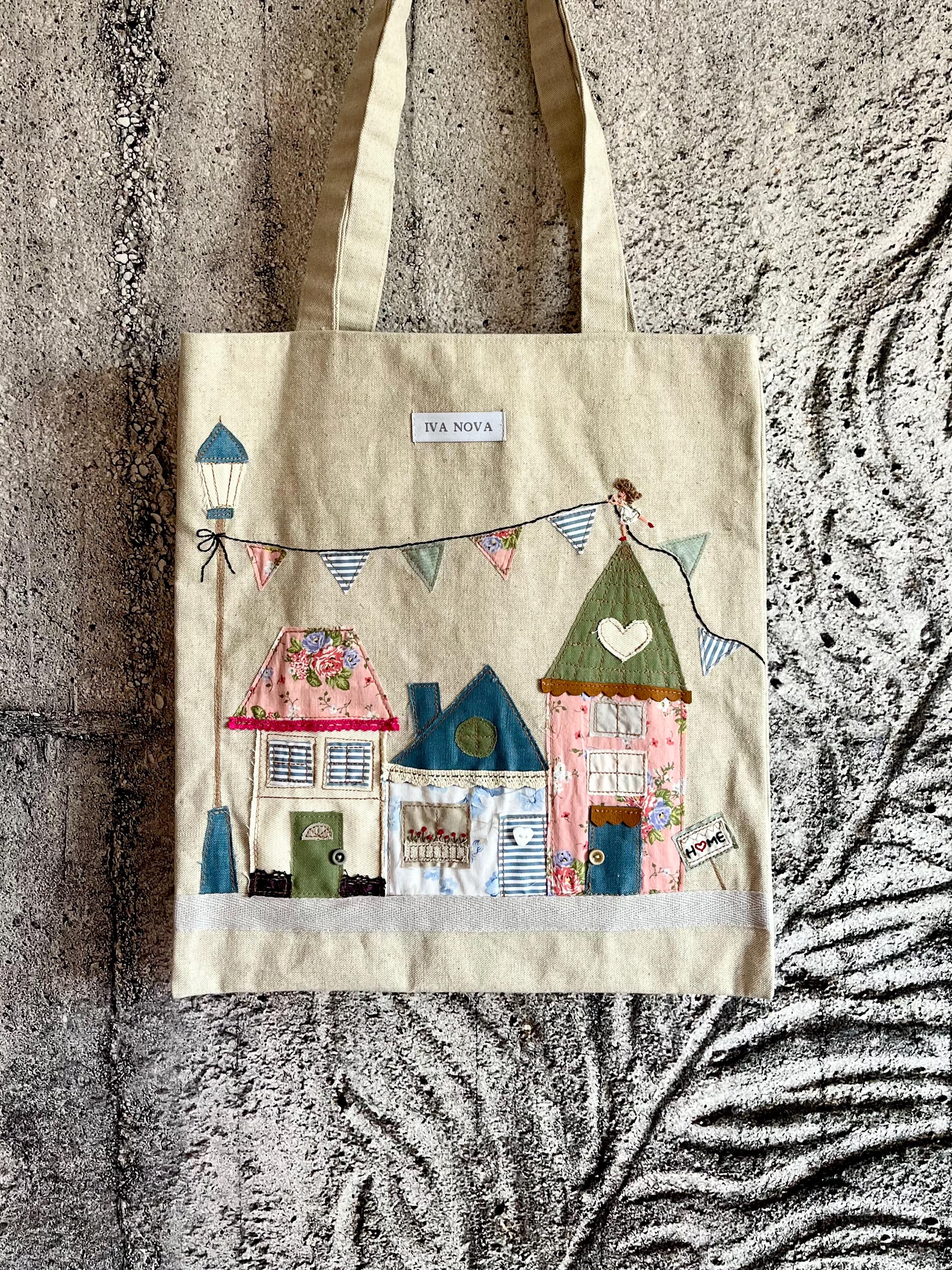 Matilda Tote Bag/charming Houses Applique/handcrafted One of A Kind ...