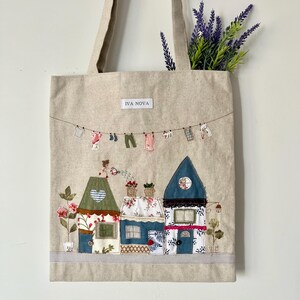 Matilda Tote Bag/ Cotton Appliqued Houses/handcrafted One of A Kind ...