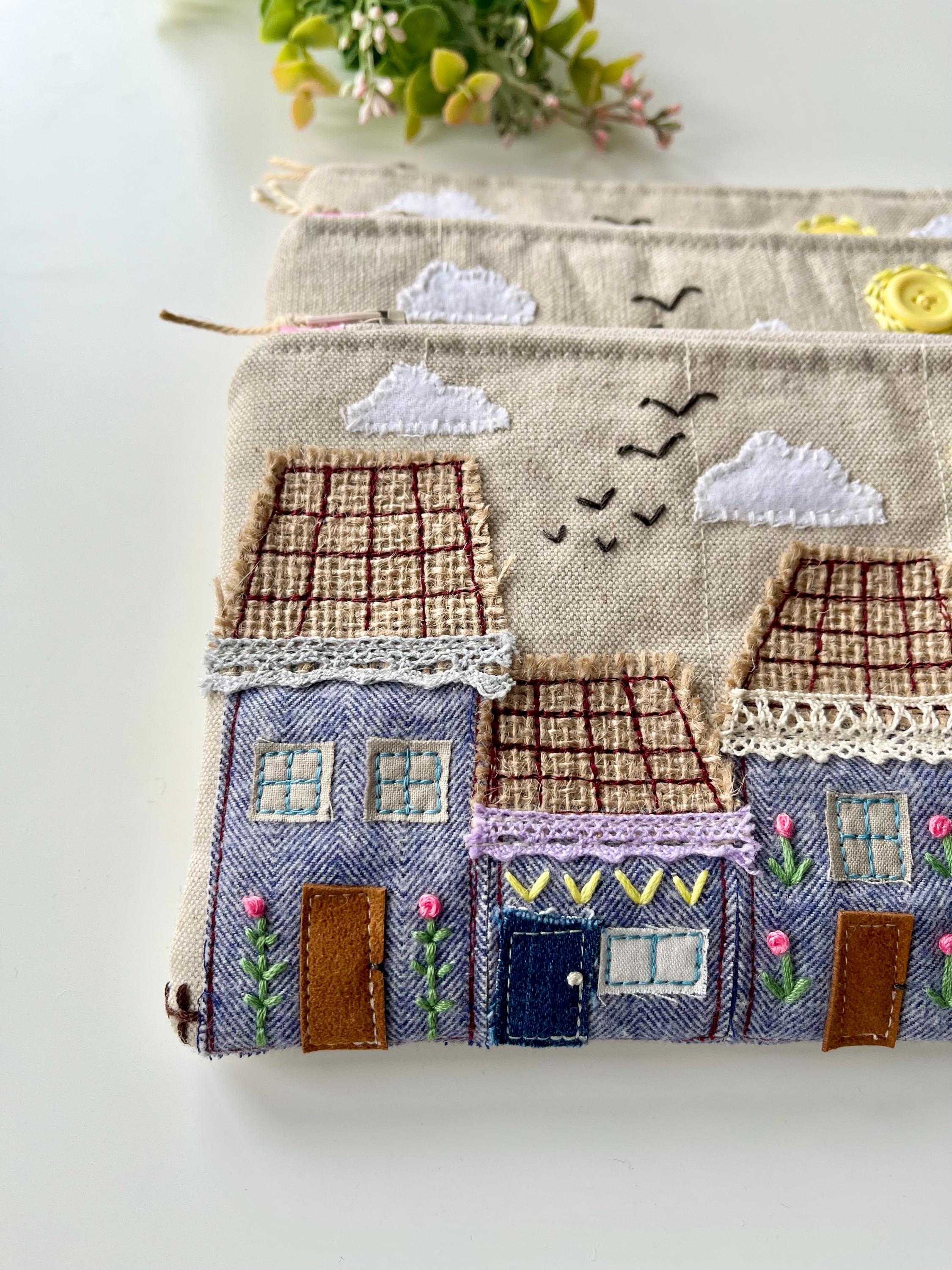 Art Zipper Pouch With Houses Appliqued/handmade Cottage Pencil Case ...
