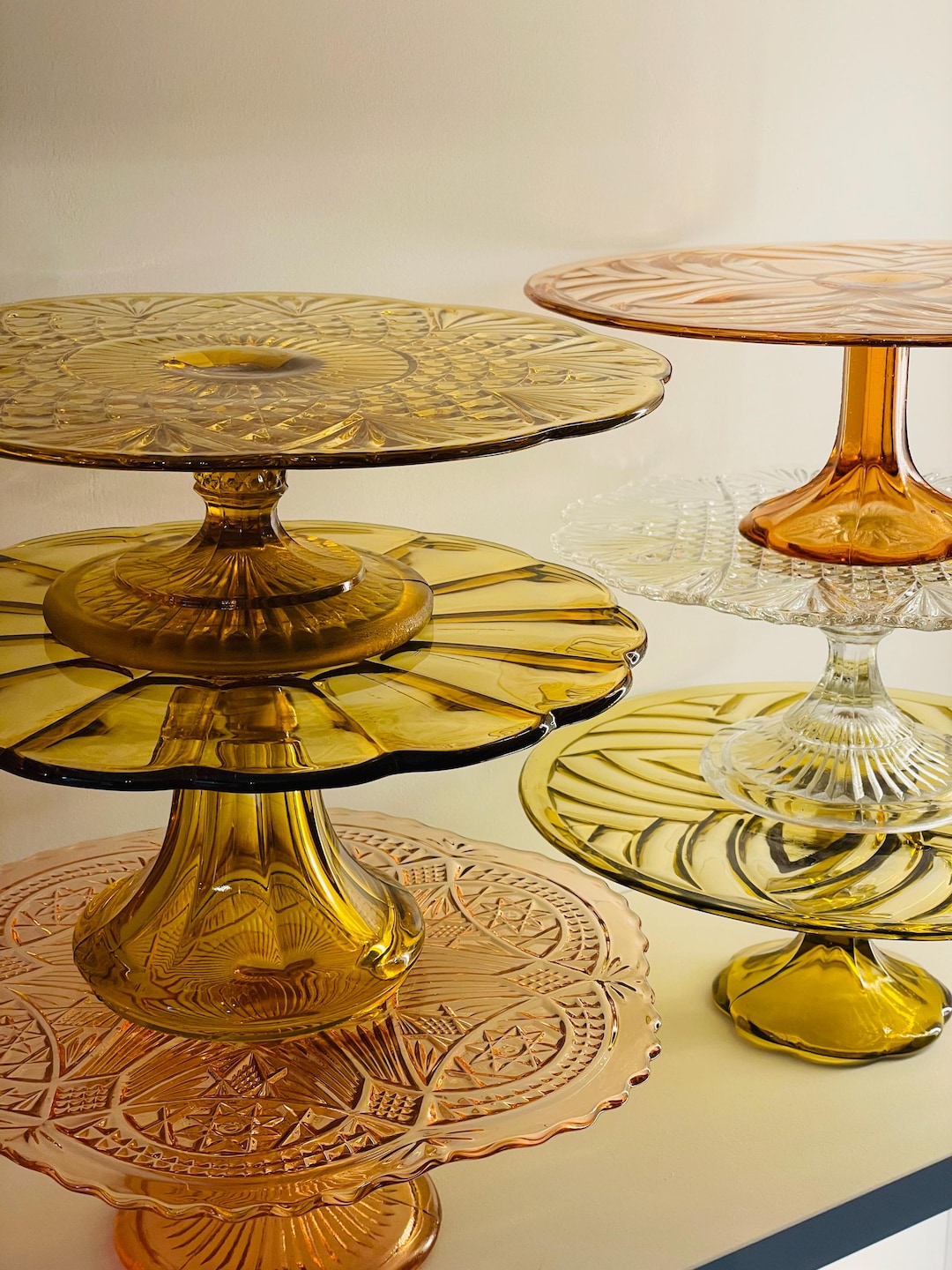 Large Colorful Cake Stands in Pressed Glass - Etsy
