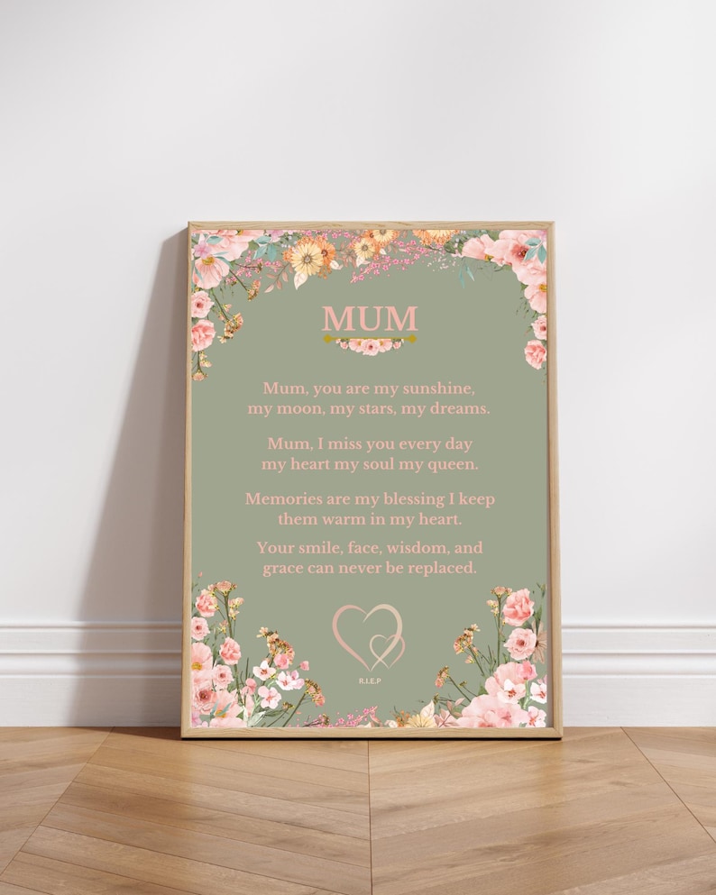 Mum Memorial Floral Remembrance Poem Print Wall Print Funeral Gift in ...