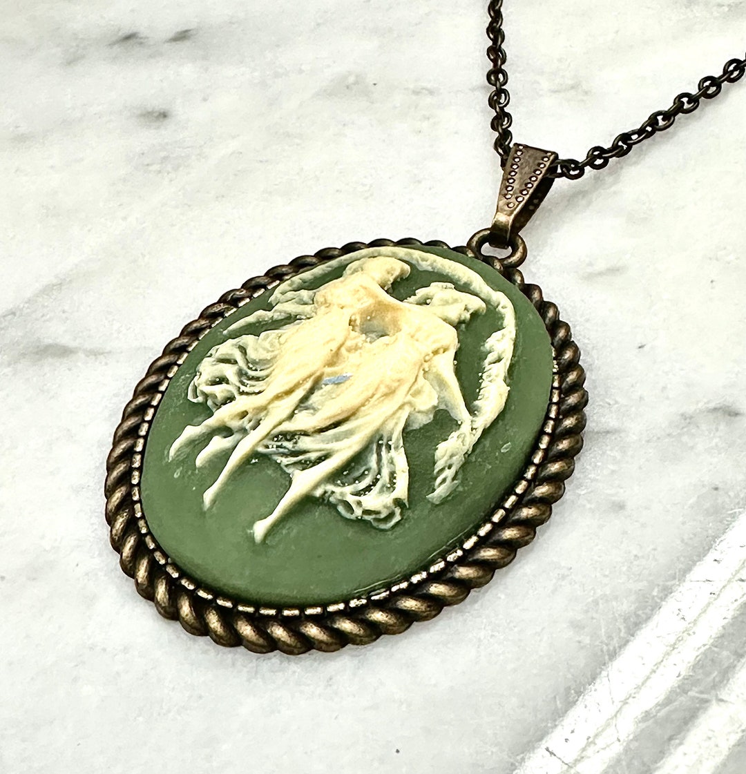 Vintage Cameo Pendant, 2 Sisters Cameo Necklace, Green Cream Resin ...