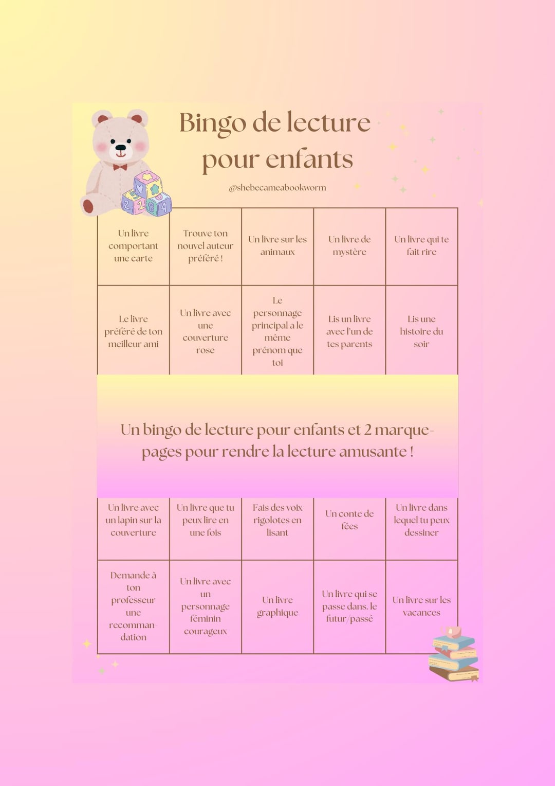 Bingo De Lecture Pour Enfants Français Et Marque-pages Rose Et Jaune à ...
