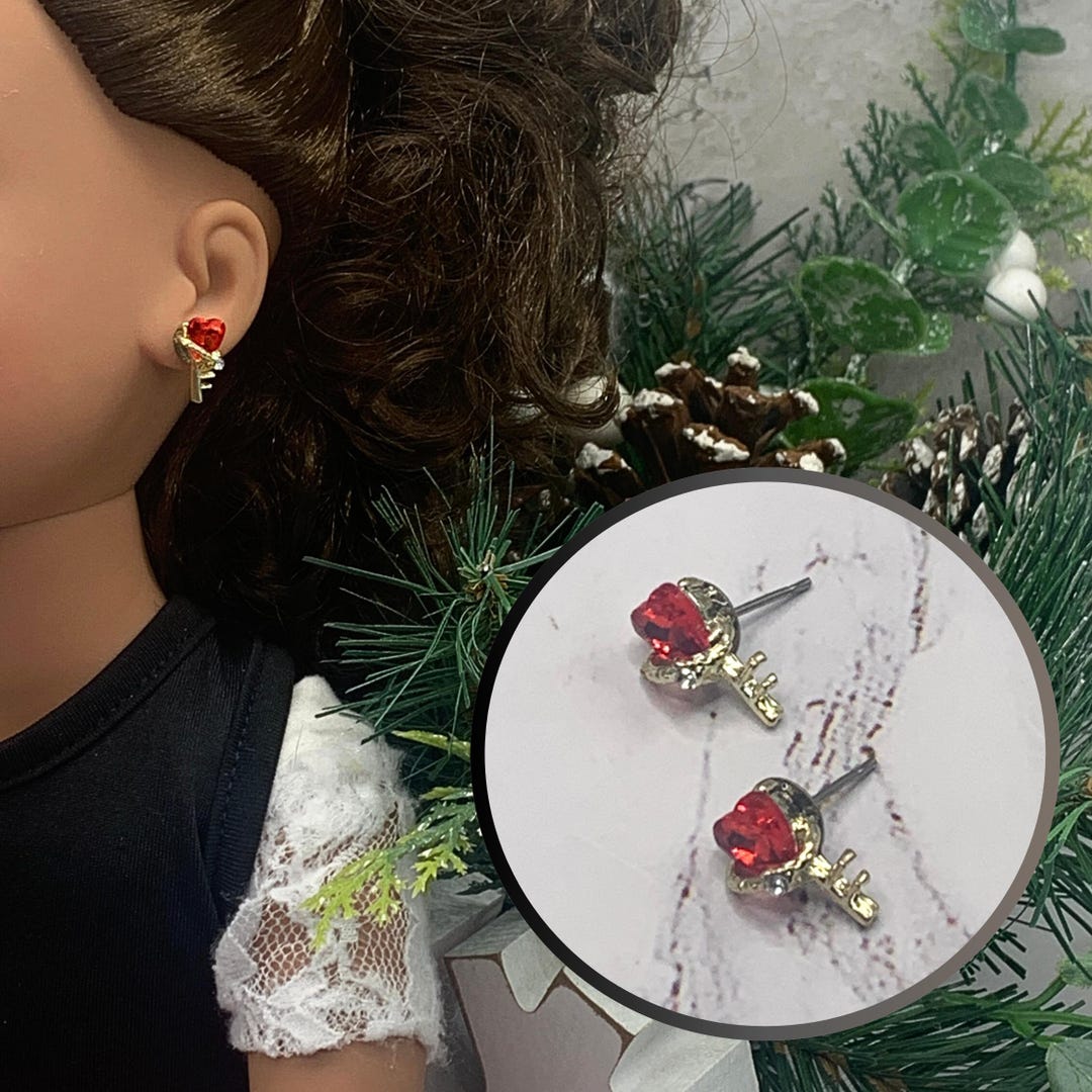 Red Rhinestone Heart Gold Key Post Doll Earrings • 18 Inch Fashion Doll ...