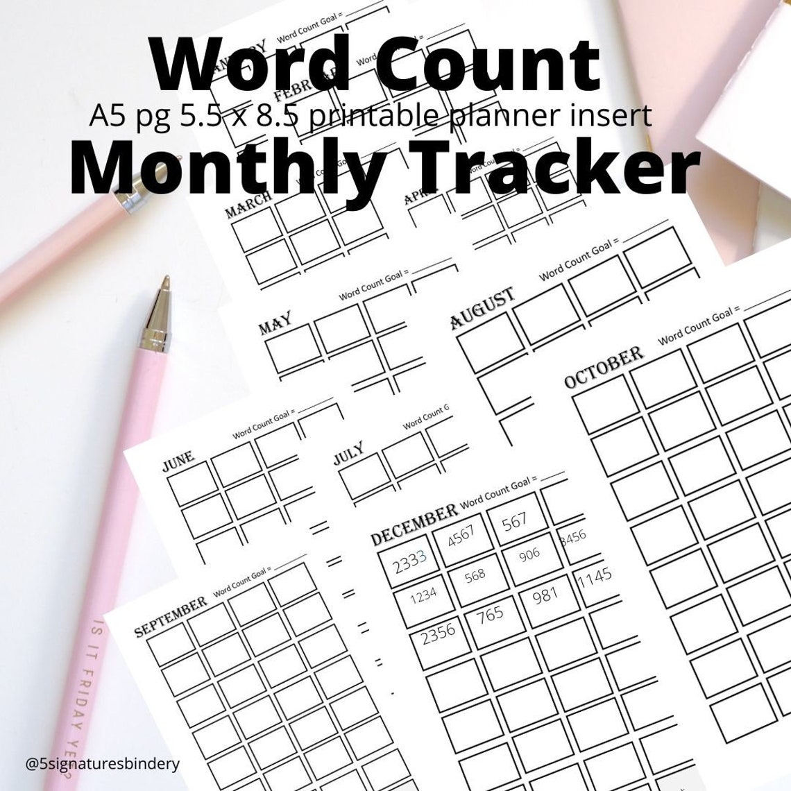Writer Word Count Tracker Monthly Planner - Digital Printable Half ...