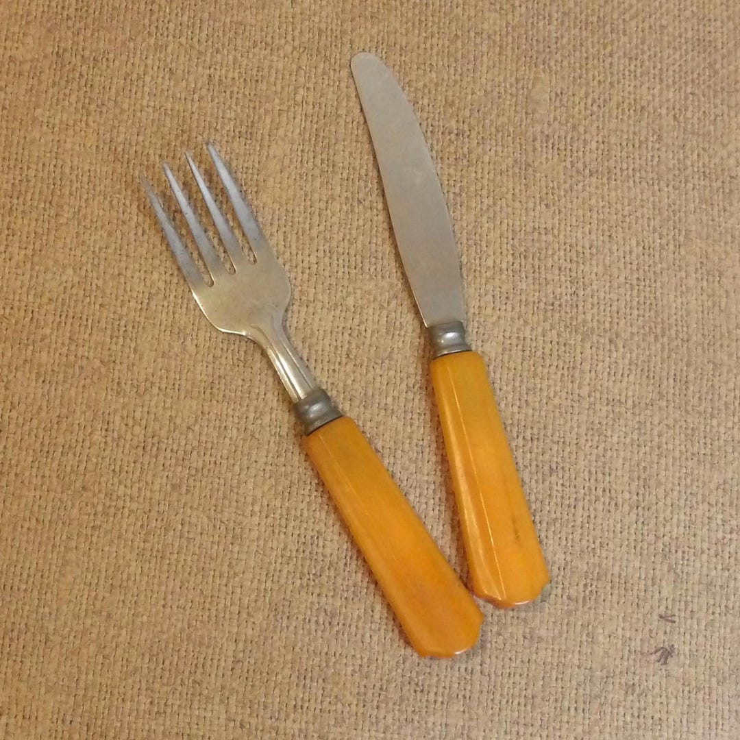 Vintage Bakelite Child's Fork and Knife Midcentury Stainless Flatware ...