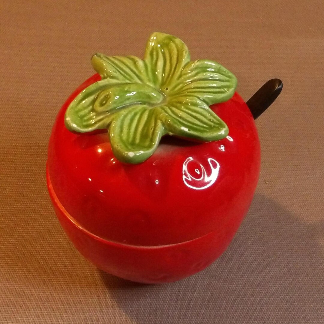 Vintage Strawberry Jam Jar and Spoon Set – 1940s Ceramic Condiments ...