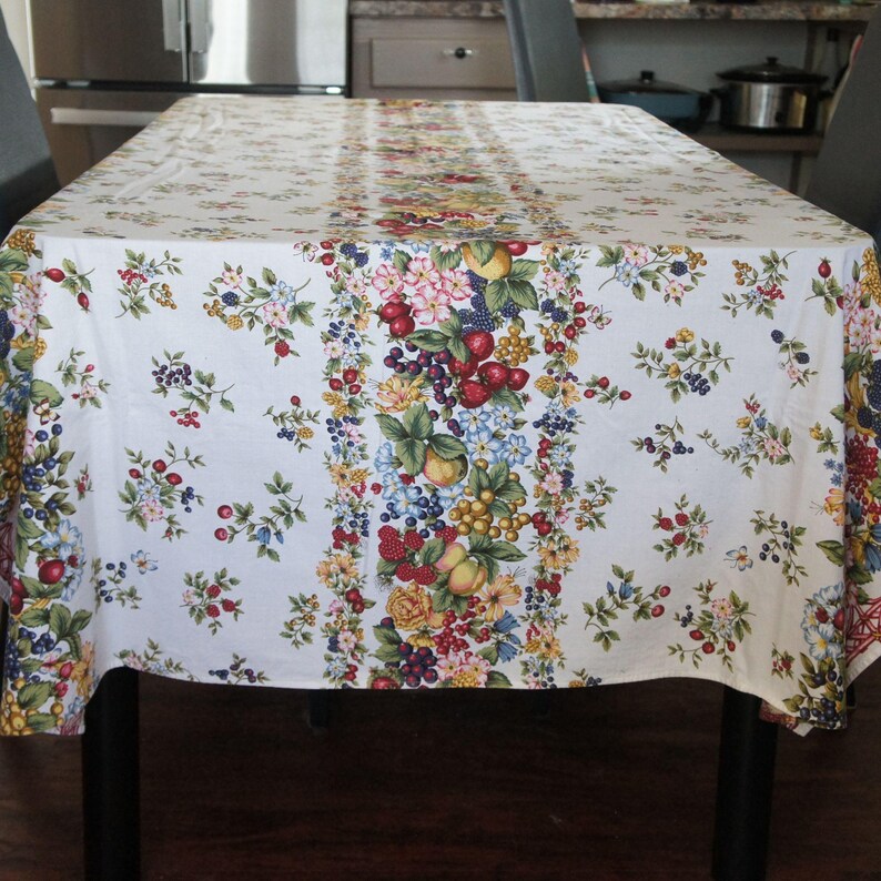 Vintage Tablecloth Wilton Court Fruit Berries Flowers Oblong 96" X 55 ...