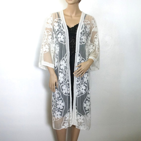 White Lace Robe Vintage Sheer Floral Duster Jacket Ro… - Gem