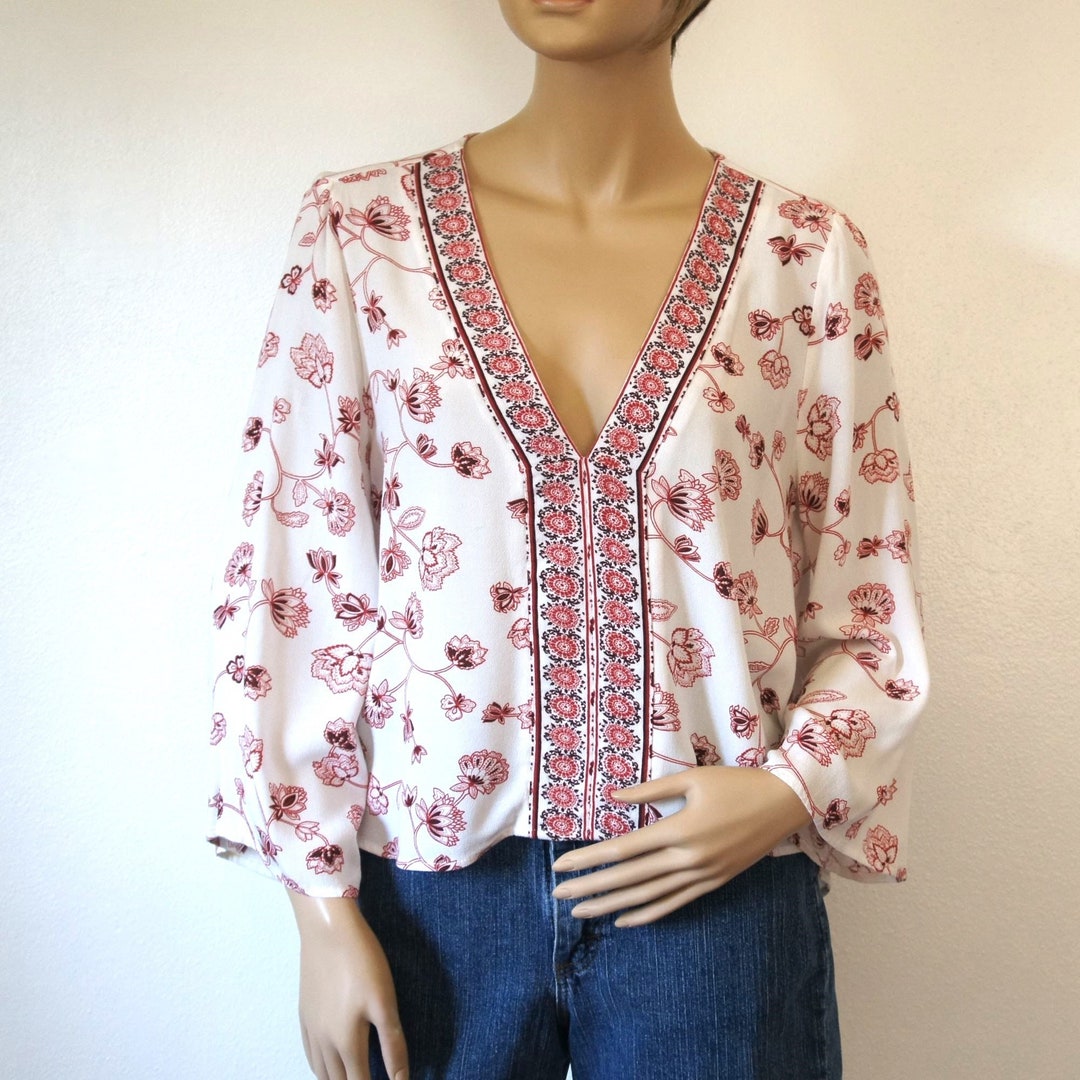 Vintage Boho Blouse Top Crop Floral Cream Red Long Bell Sleeve Size Med ...