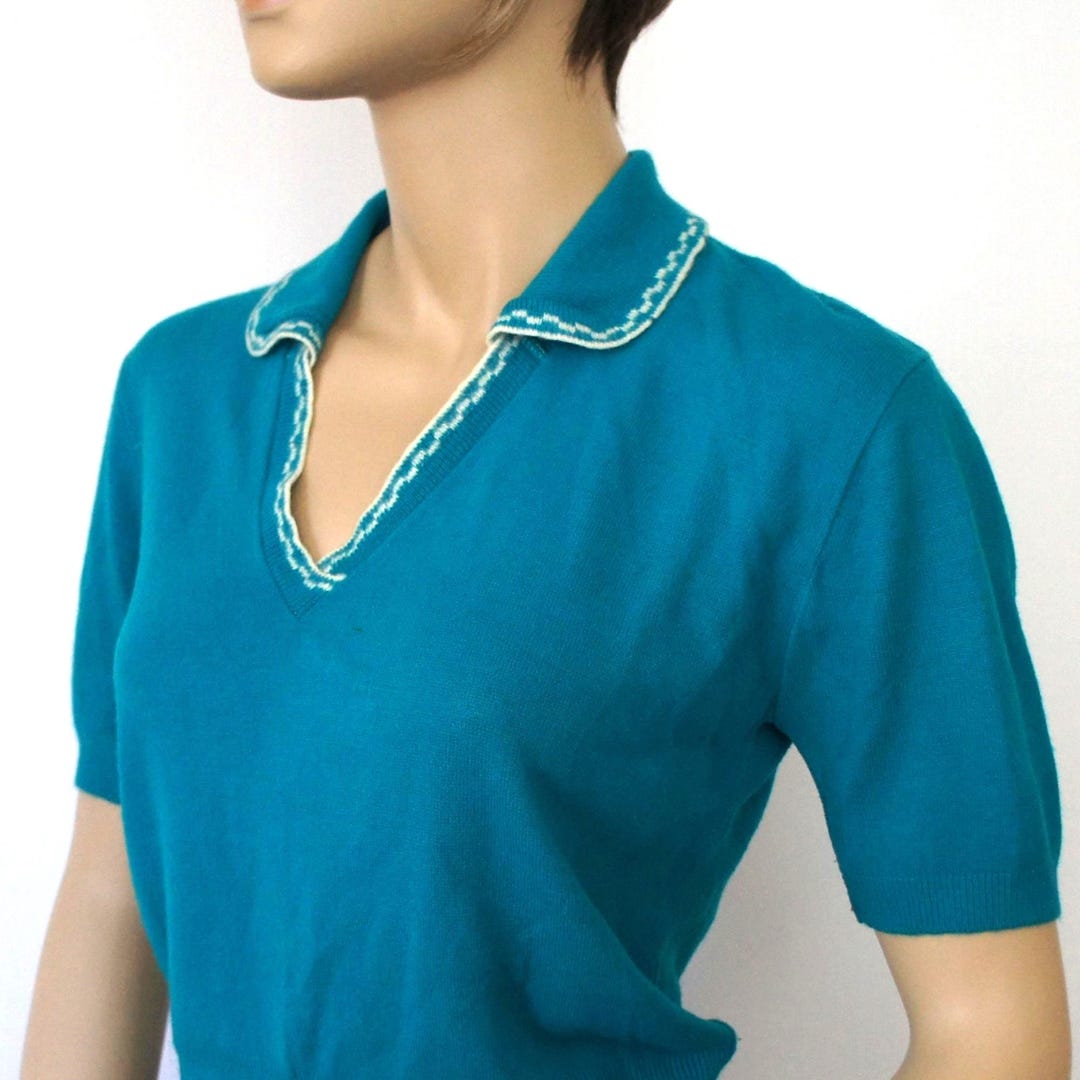 Pin up Sweater 1950's Turquoise Short Sleeve V-neckline Knit Orlon Size ...