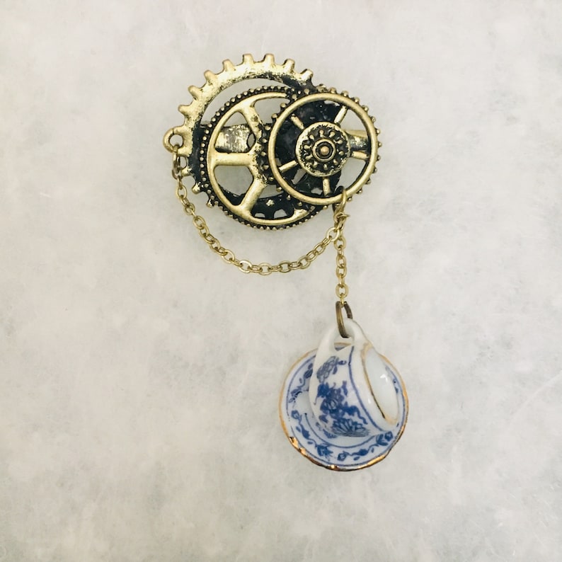 Victorian Steampunk Brass Brooch Cog Pin Time for Tea | Etsy