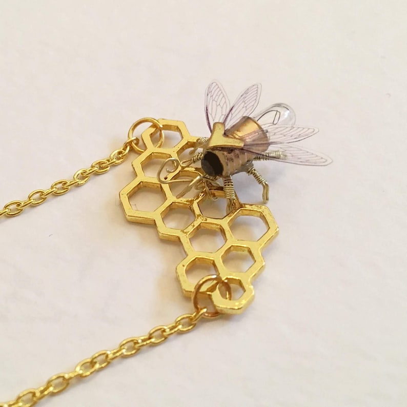 Save the Bees Steampunk Honeycomb and Clockwork Bee Necklace - Etsy UK
