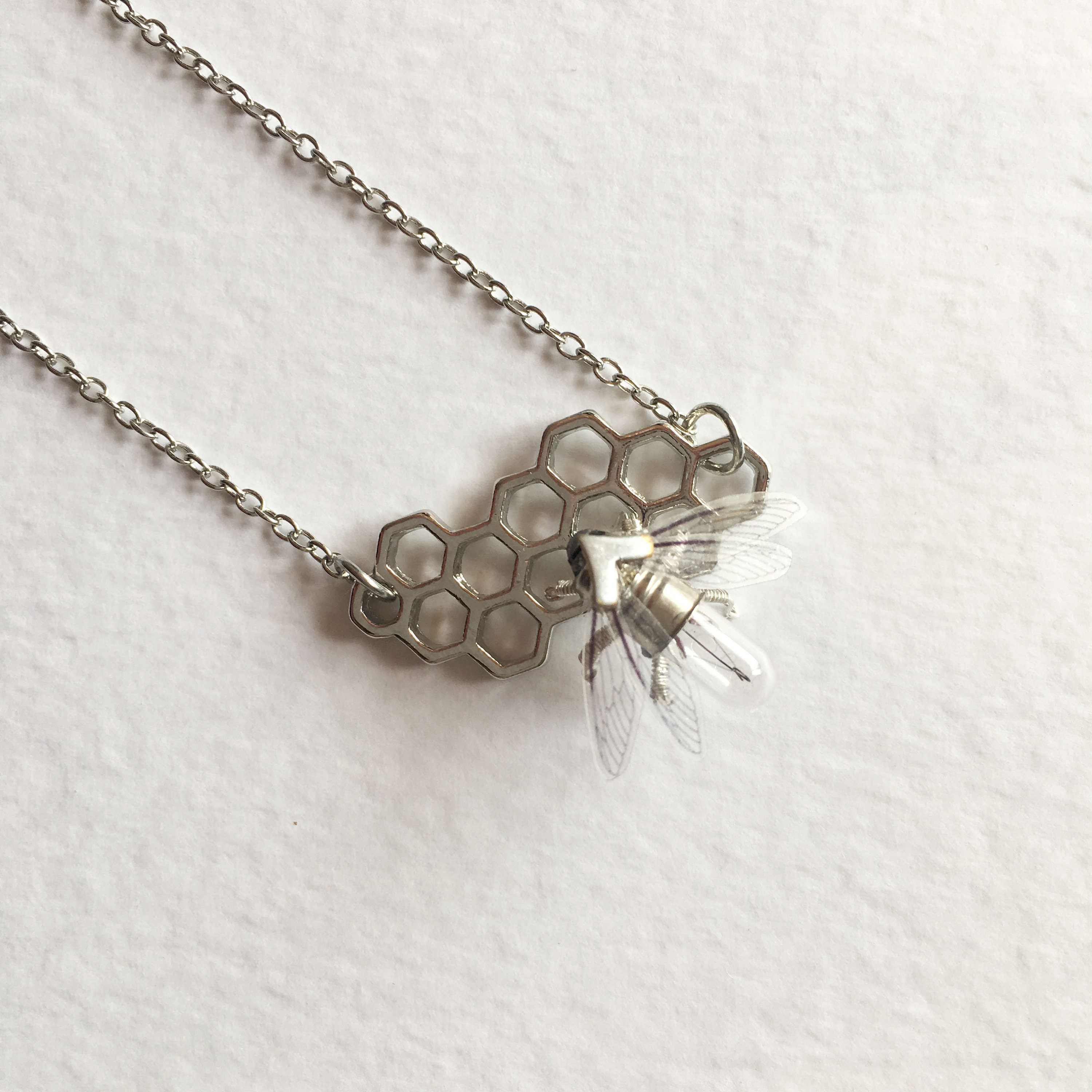 Silver Steampunk Honeycomb and Clockwork Bulb Bee Necklace - Original ...