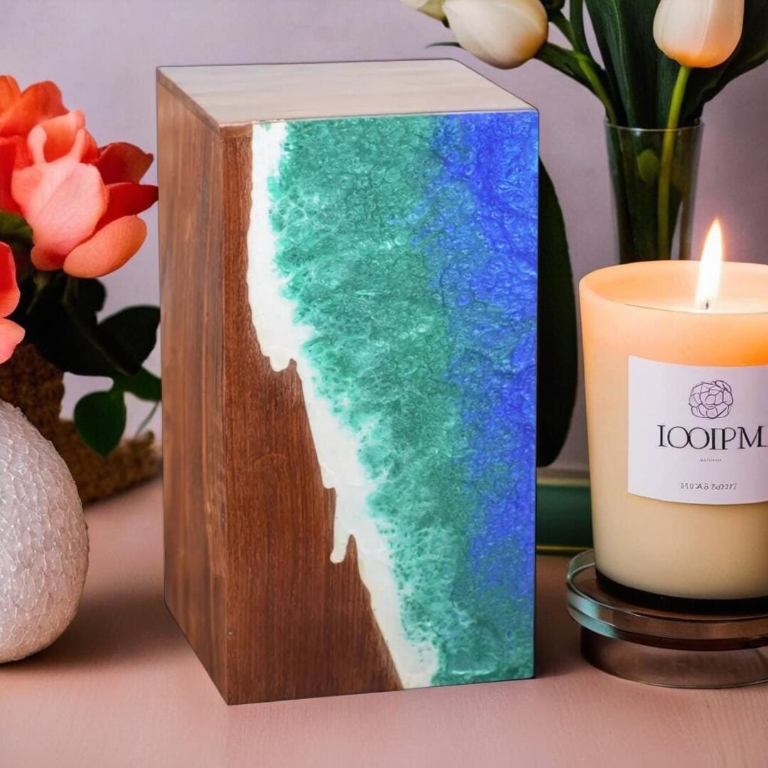 Wooden Cremation Urn Ocean Wave Resin Art Urn Urn for Humans Ashes ...