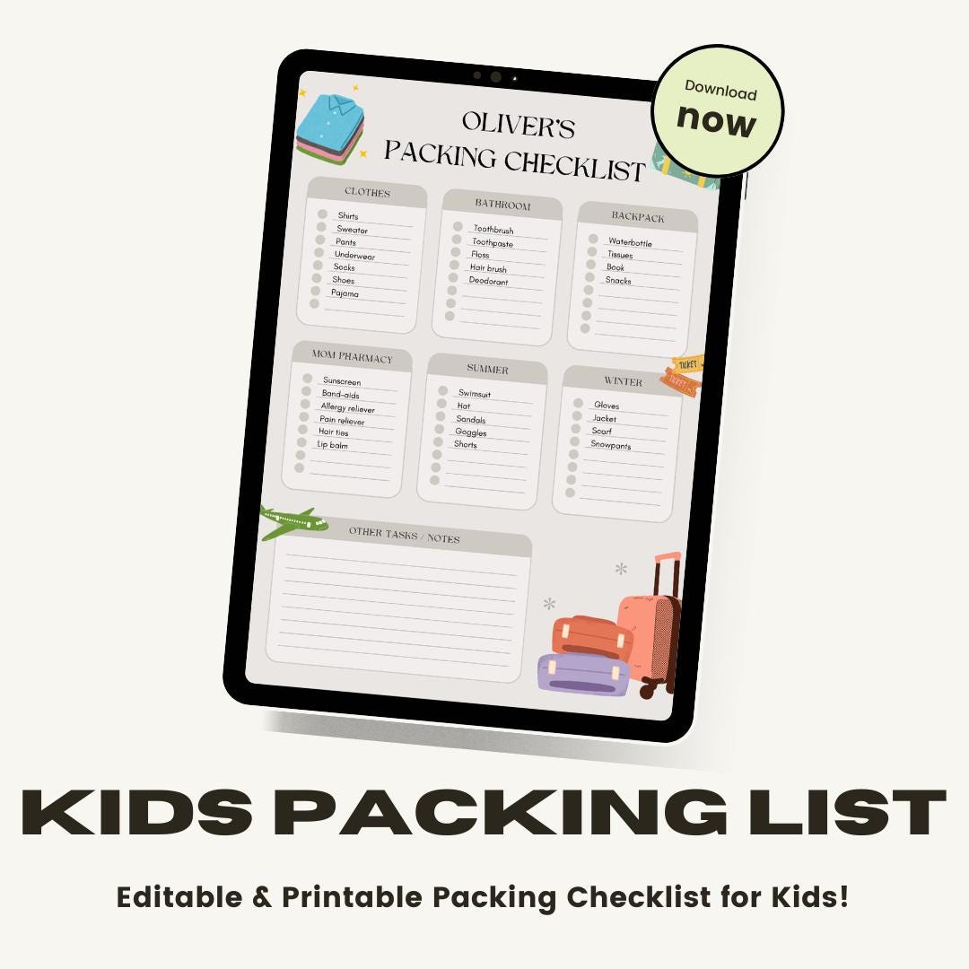 Kid's Packing List | Editable & Printable Checklist | Packing List ...