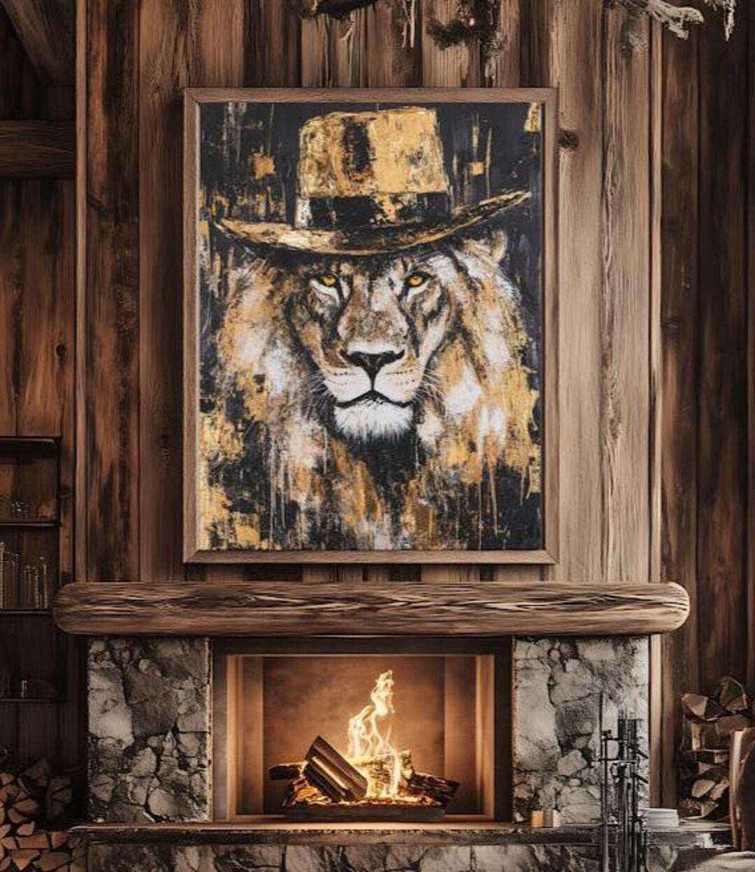 Cowboy Lion Wall Art | Western Animal Canvas | Rustic Gold Safari ...