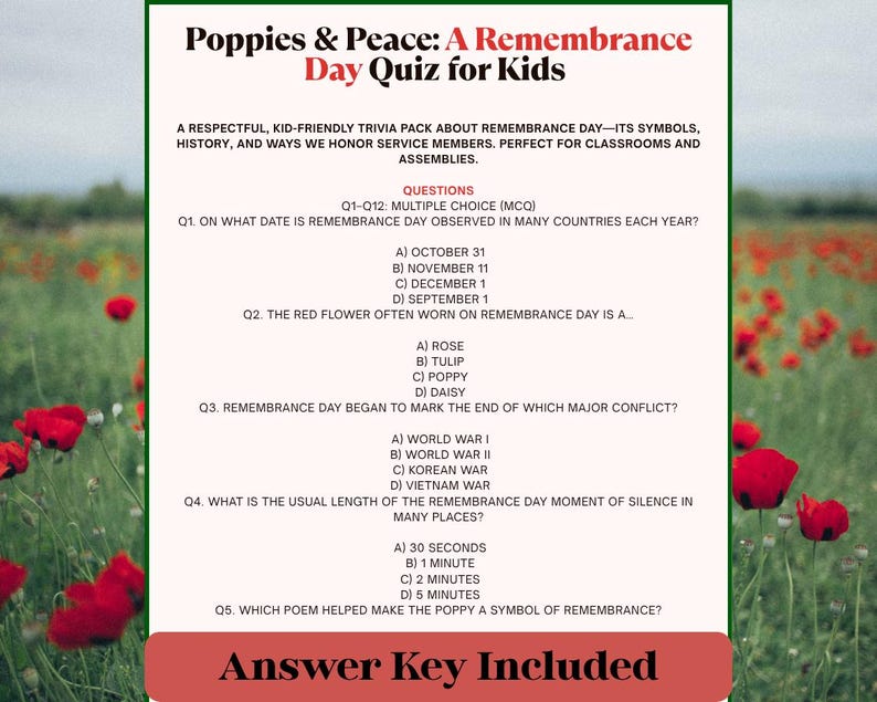 Remembrance Day Quiz for Kids | Printable Classroom Activity | Veterans Memorial Day Trivia ...