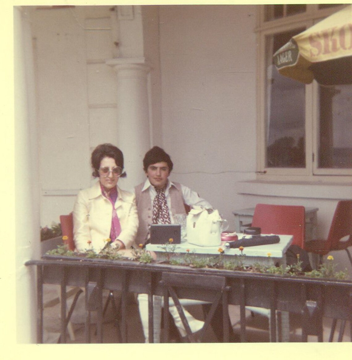 1960s Mod Couple Sitting Outside Sidewalk Cafe White Gogo Boots 60s ...
