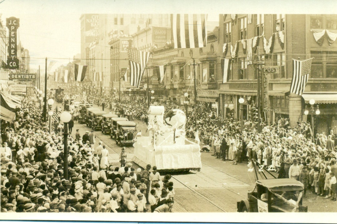 Parade Down Main Street City Globe Float Model T Fords JC Penney Co ...