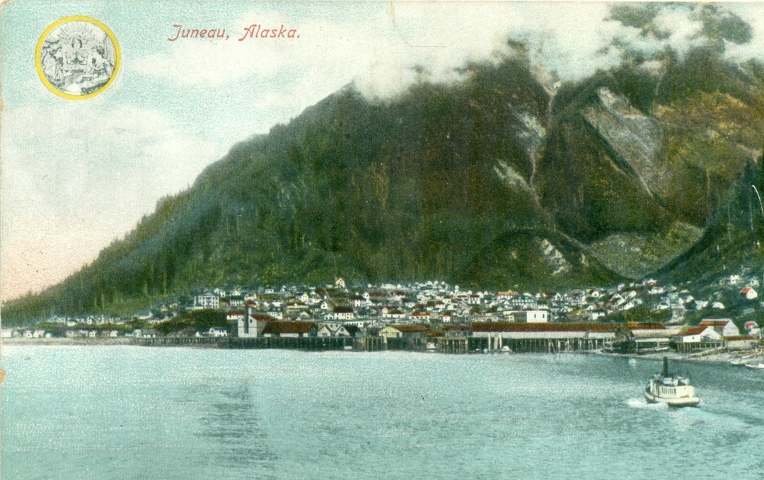 Juneau Alaska Town Harbour Mountain View Antique Color Postcard ...