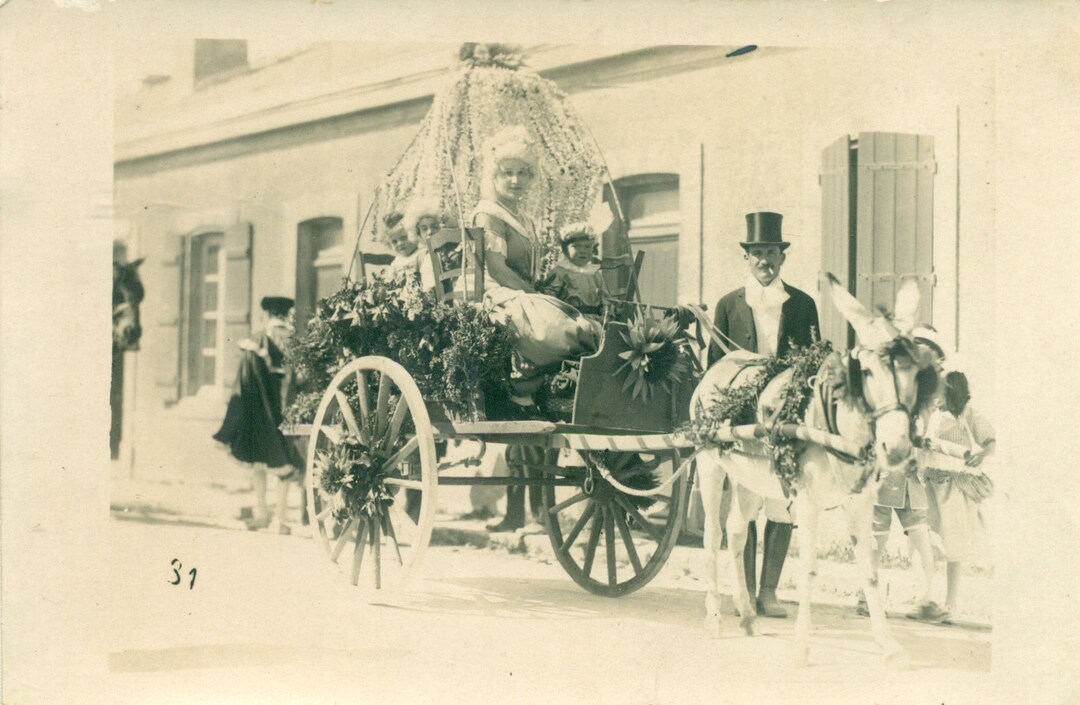 French Parade Float Donkey Cart Woman Man on Street France RPPC Real ...