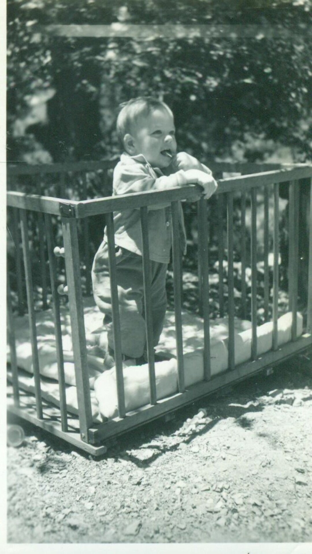 Happy Baby Standing in Playpen Outside Warm Spring Day 1940s Vintage ...