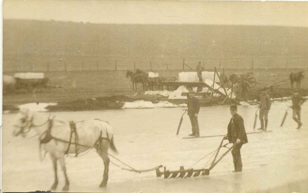 Cutting Ice Blocks From Frozen River Man Horse Saws Cart for Sale ...