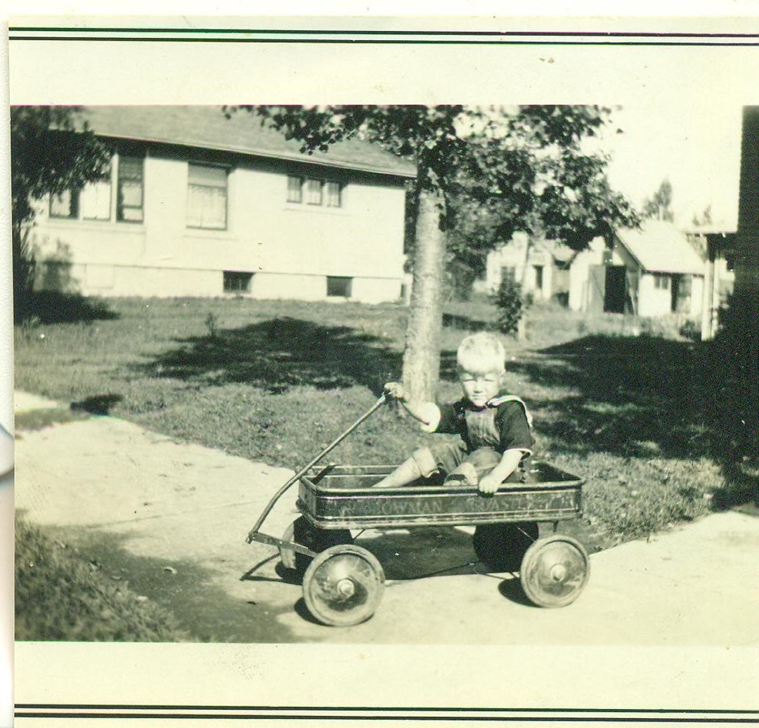 1930s Boy in Denim Overalls on Scooter Metal Wagon Sidewalk 30s Photo ...