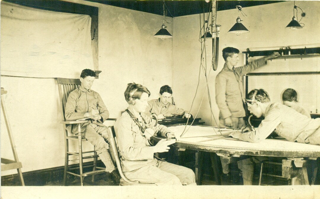 WW1 Soldiers Telegraph Office Operators Map Writing Antique RPPC Real ...