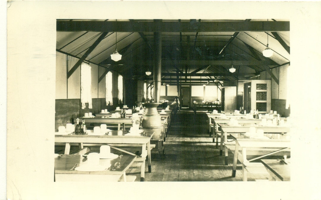 WW2 Era Army Soldiers Barrack Mess Hall Dining Room Tables Wood Stove ...