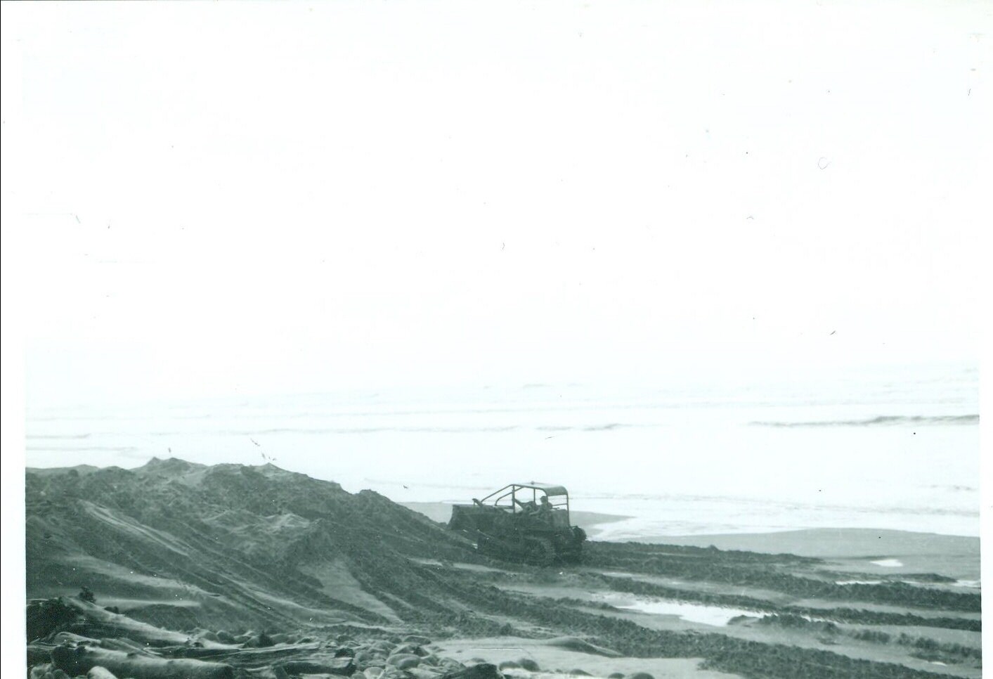 Bulldozer Moving Sand on the Beach Creating a Dune Vintage Black and ...