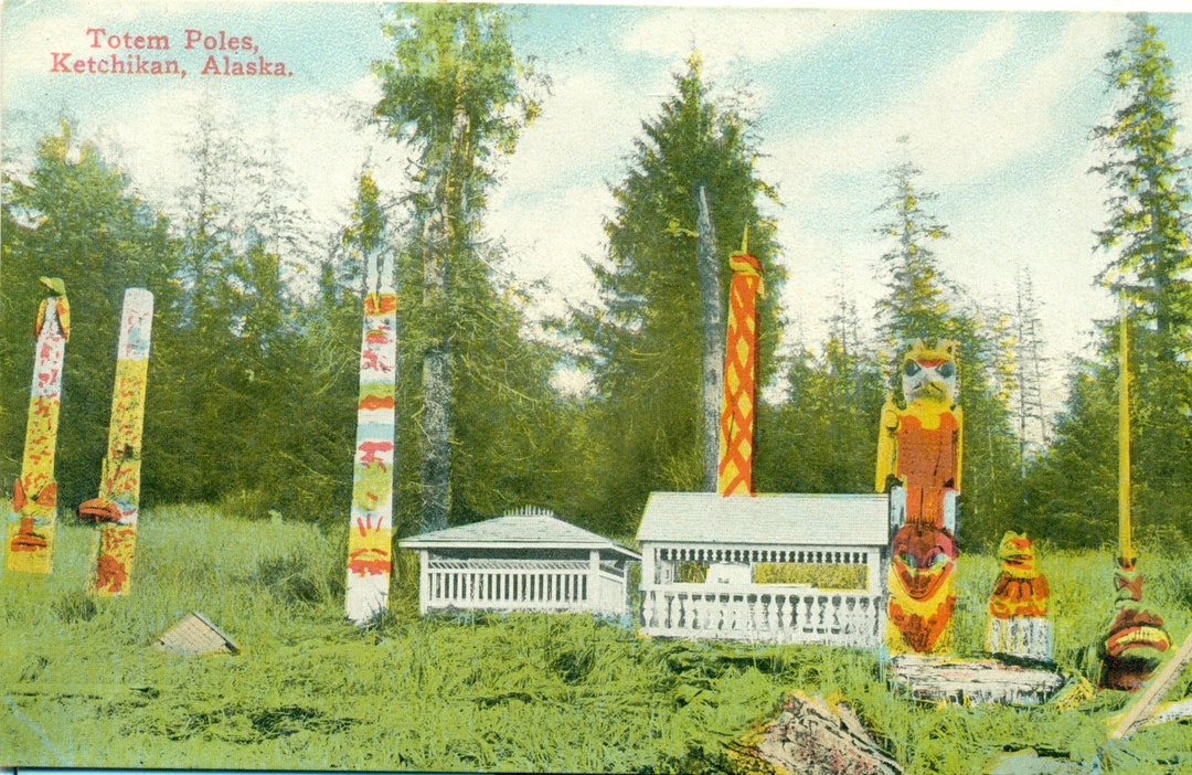 Totem Poles Ketchikan Alaska Antique Colorized Color Postcard Unmailed ...