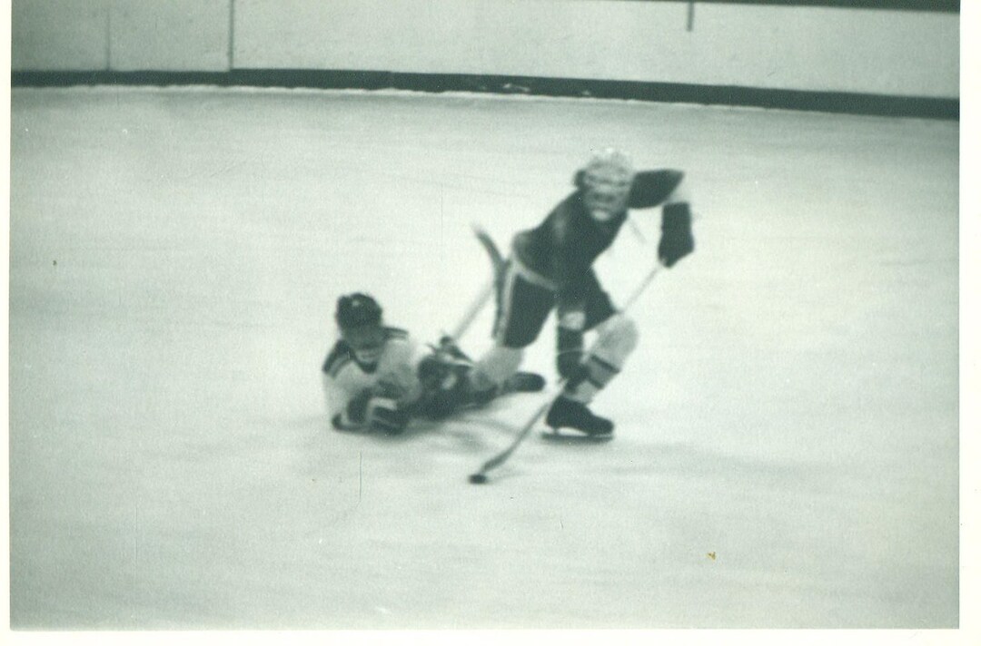 Hockey Game School Boys Kids Playing on Ice Skates Vintage Black and ...