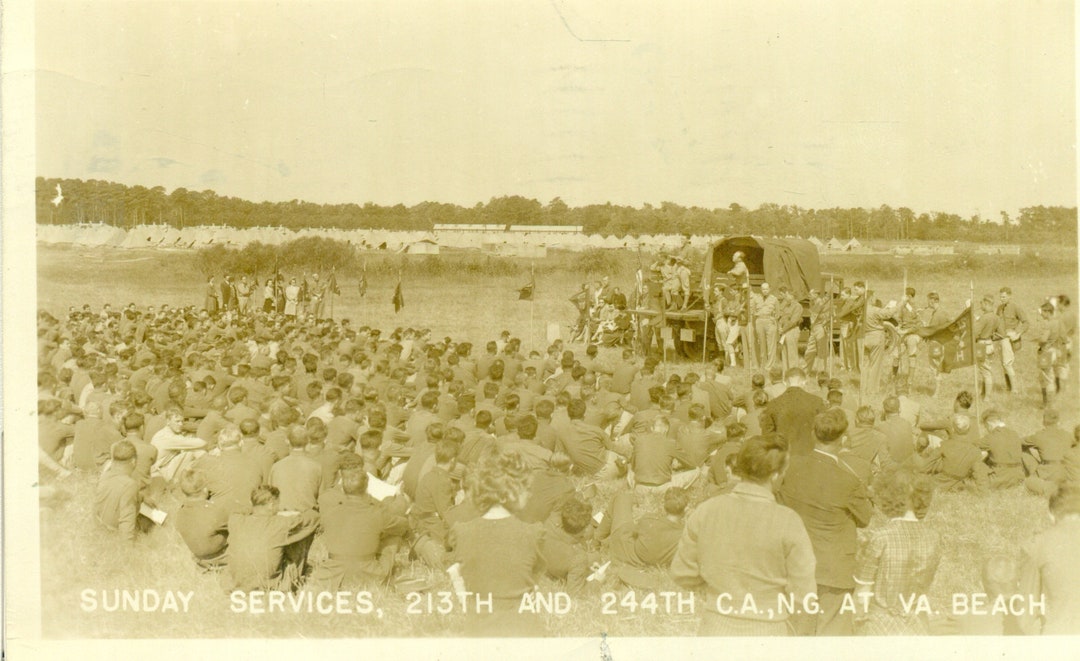 1940 Virginia Beach VA Sunday Church Services Outdoor Army Soldiers ...