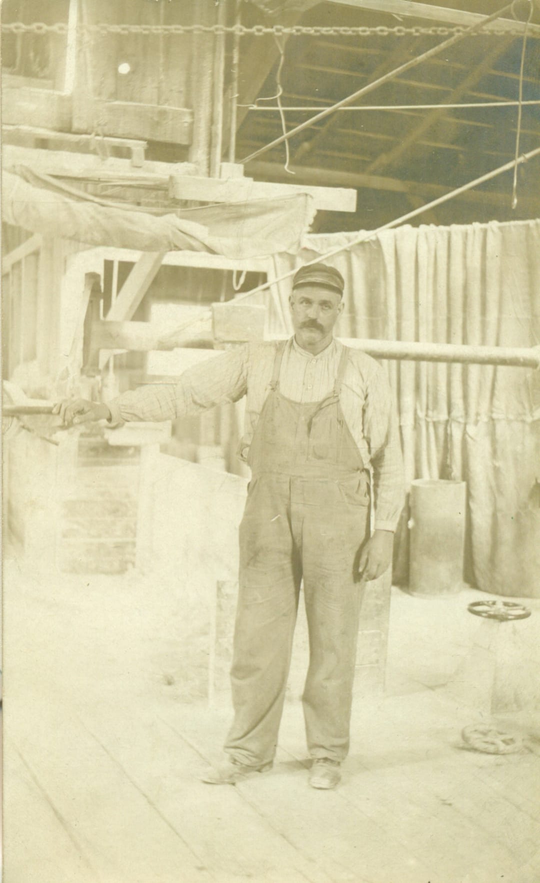 Industrial Working Man Standing Inside Factory Overalls Cap 1910s ...